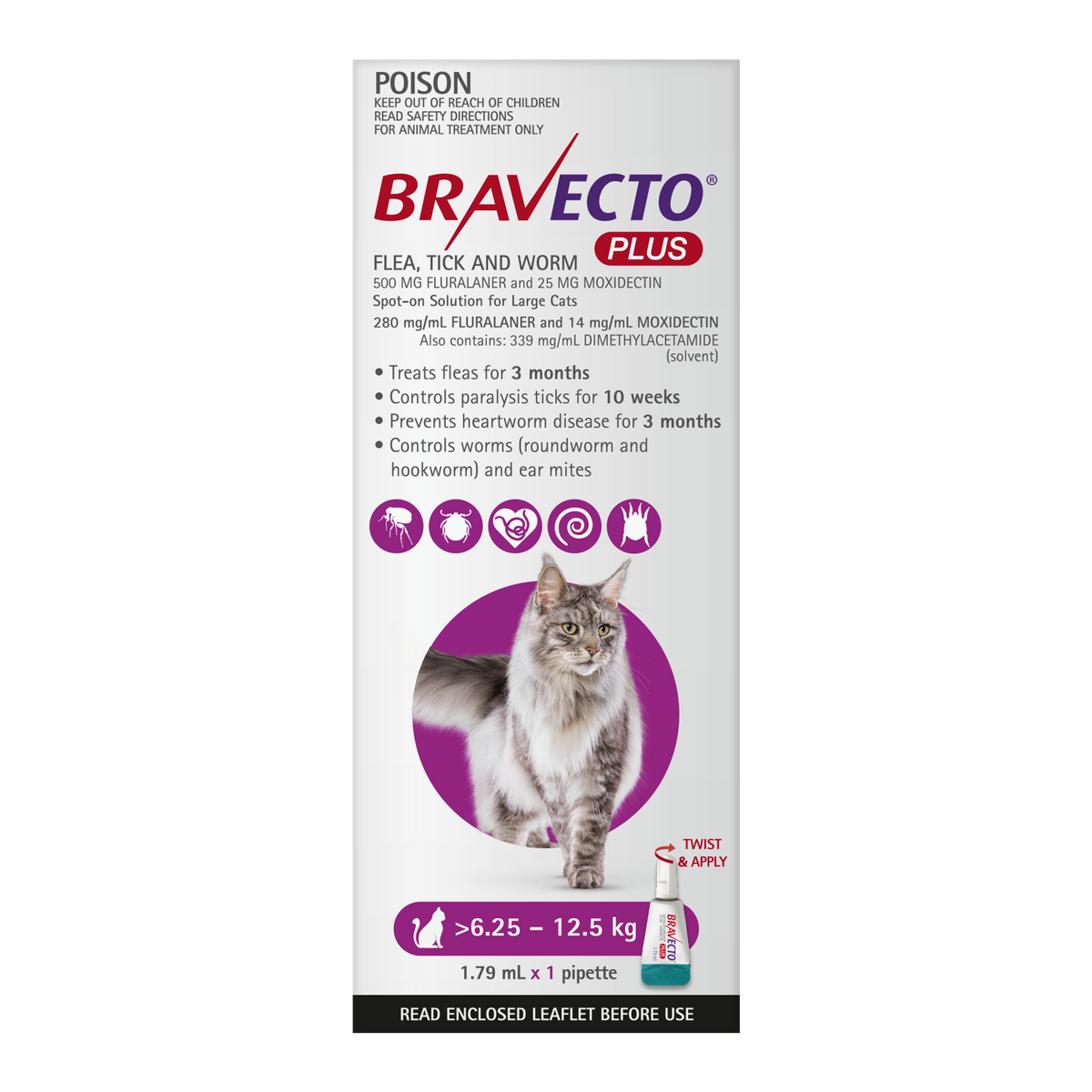 Bravecto Plus Cat Spot On 6.25-12.5kg Purple 1pk – The Pet Connection